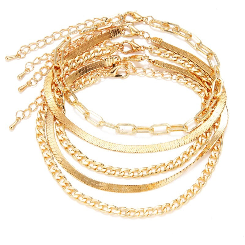 Gold Plated Cuban, Herringbone, Paper Clip 5pc Ankle Bracelet Stack Se – Giorgio Bergamo