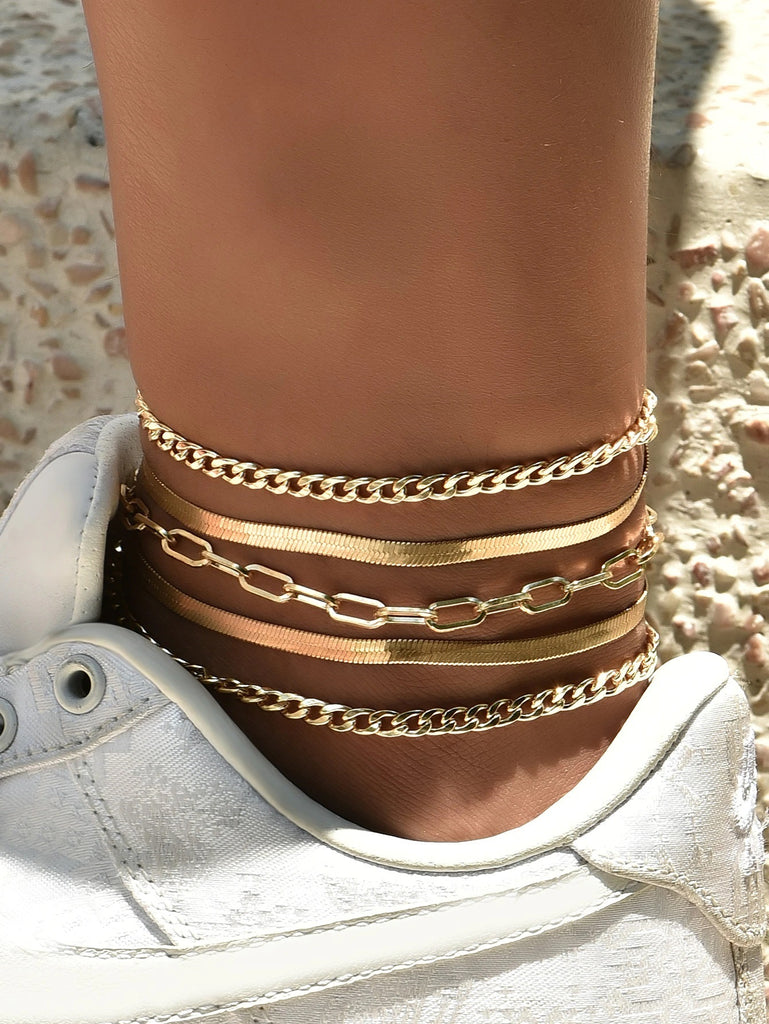 Gold Plated Cuban, Herringbone, Paper Clip 5pc Ankle Bracelet Stack Se ...
